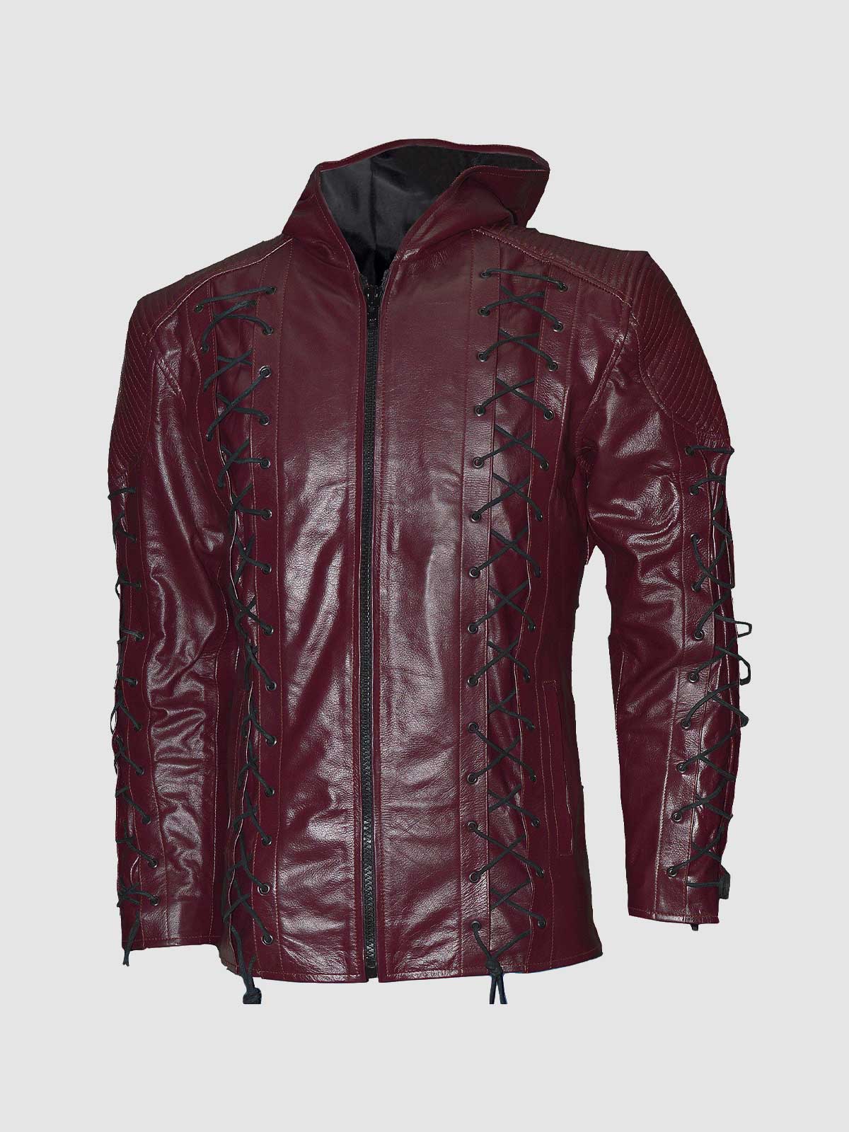 Men's Maroon Leather Hoodie | Leather Jacket Master